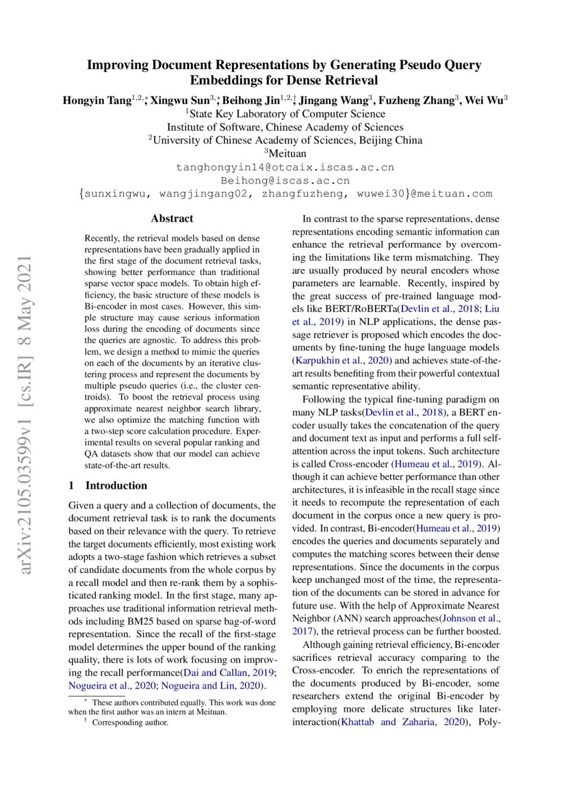 Improving Document Representations By Generating Pseudo Query Embeddings For Dense Retrieval