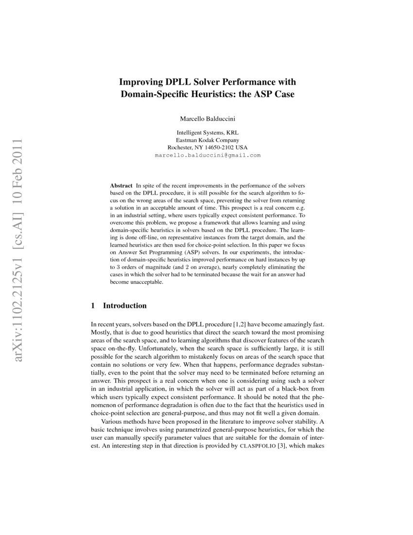 Improving Dpll Solver Performance With Domain Specific Heuristics The Asp Case Deepai