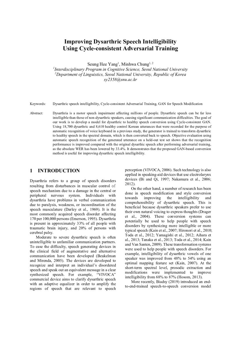 Improving Dysarthric Speech Intelligibility Using Cycle-consistent Adversarial Training | DeepAI