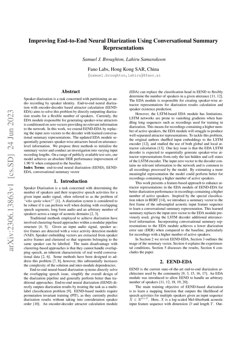 Improving End To End Neural Diarization Using Conversational Summary Representations Deepai
