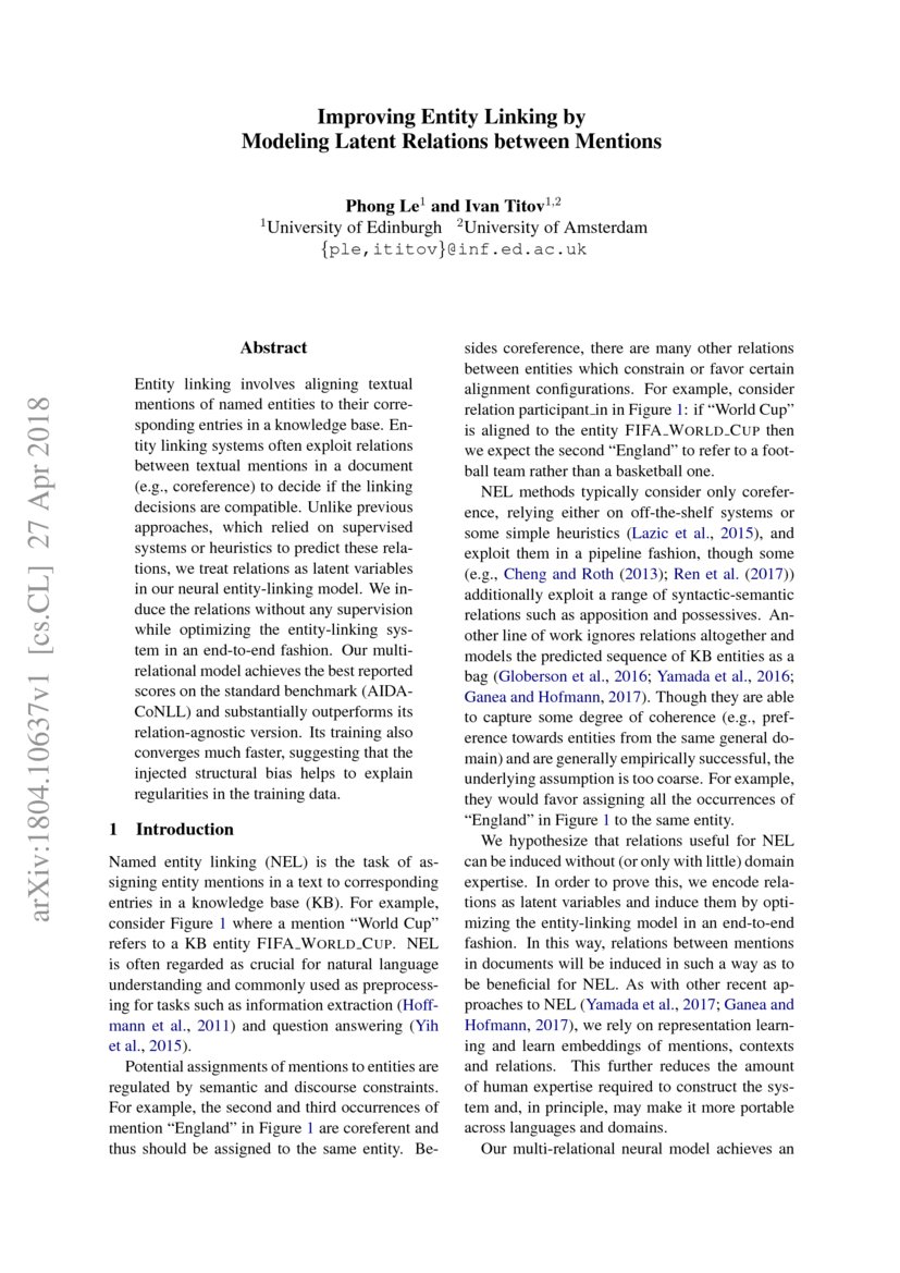 Improving Entity Linking By Modeling Latent Relations Between Mentions Deepai 0428