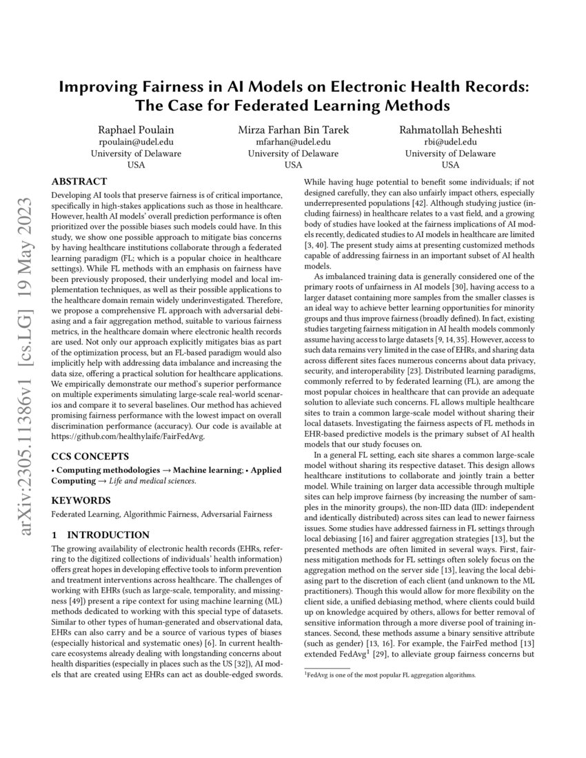 Improving Fairness In Ai Models On Electronic Health Records The Case For Federated Learning
