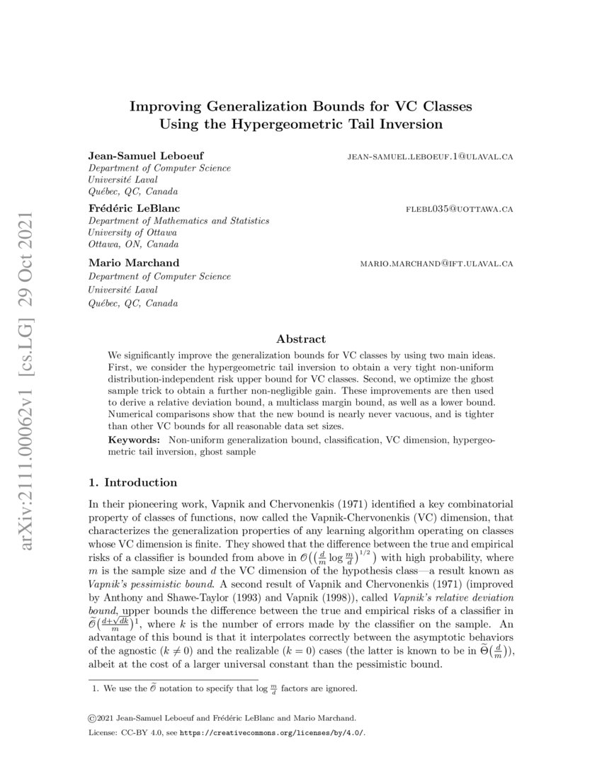 Improving Generalization Bounds For Vc Classes Using The Hypergeometric 4301