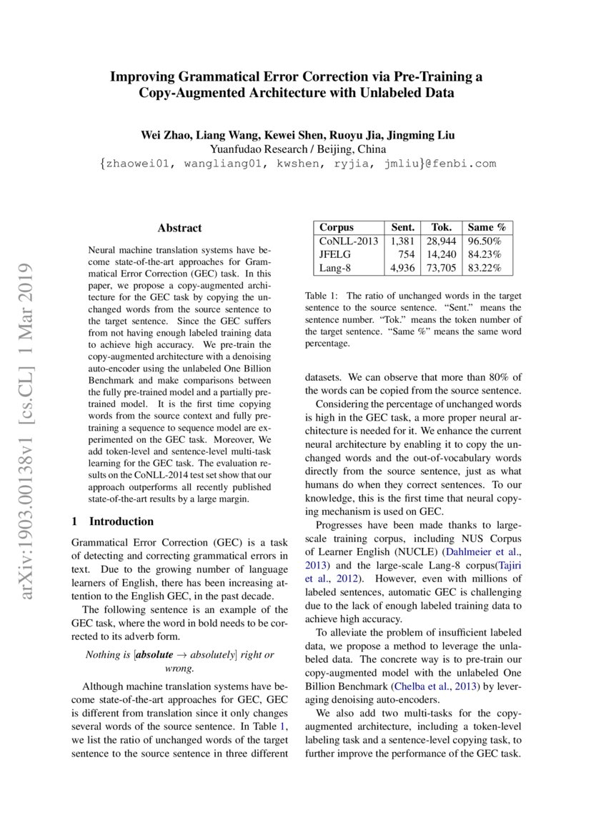 Improving Grammatical Error Correction Via Pre Training A Copy Augmented Architecture With