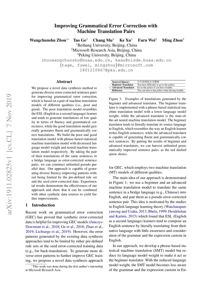 Improving Grammatical Error Correction With Machine Translation Pairs Deepai
