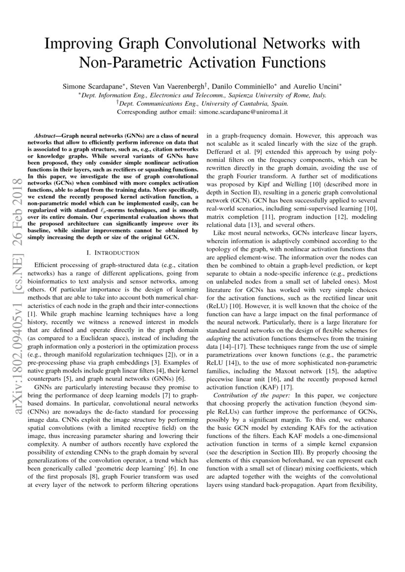 Improving Graph Convolutional Networks with Non-Parametric Activation Functions | DeepAI