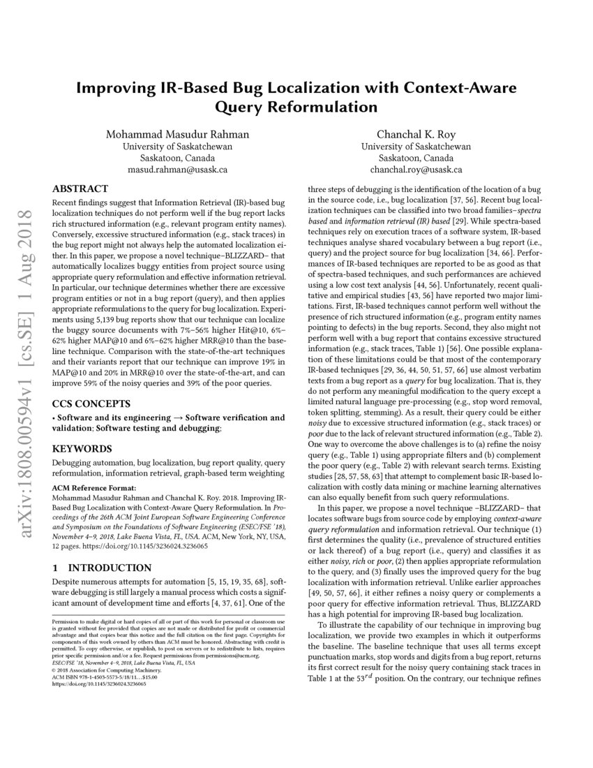 Improving Ir Based Bug Localization With Context Aware Query Reformulation Deepai