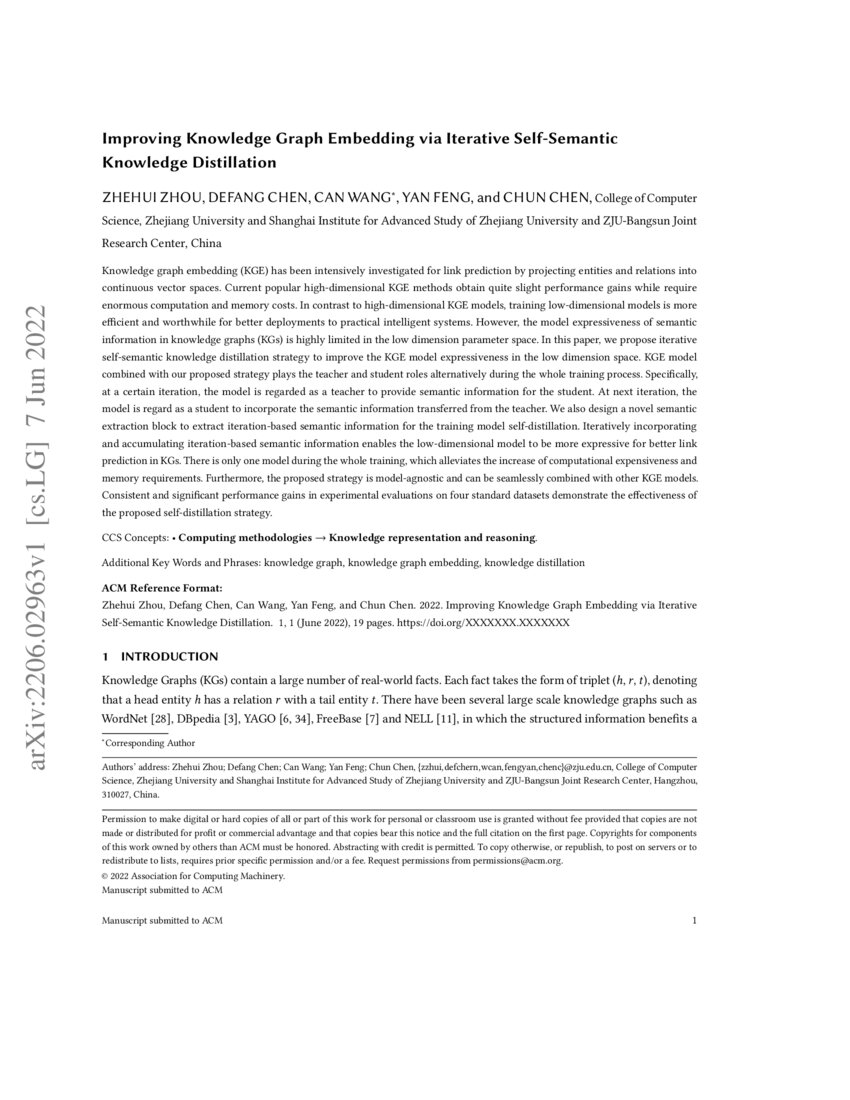 Improving Knowledge Graph Embedding Via Iterative Self Semantic Knowledge Distillation Deepai