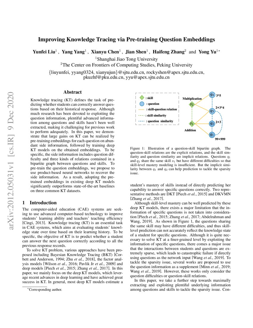 Improving Knowledge Tracing via Pre-training Question Embeddings | DeepAI