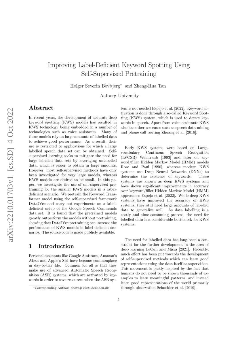 Improving Label-Deficient Keyword Spotting Using Self-Supervised Pretraining | DeepAI