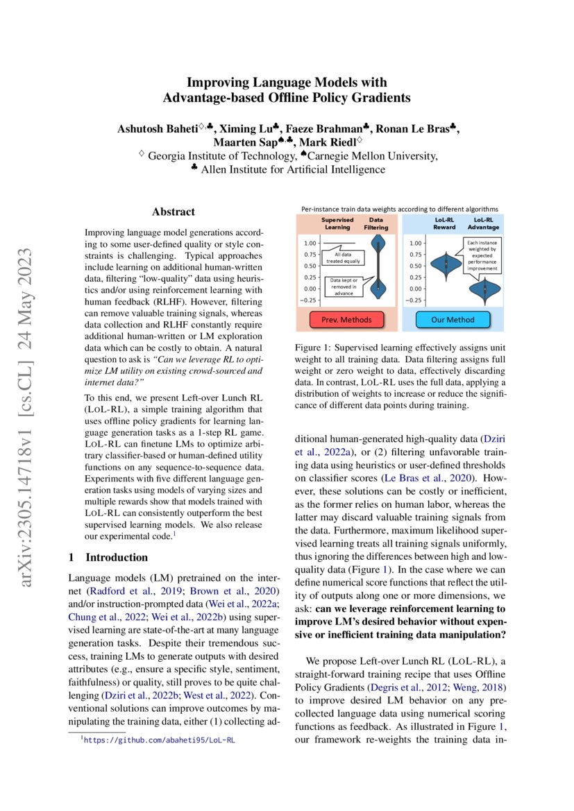 Improving Language Models with Advantage-based Offline Policy Gradients | DeepAI
