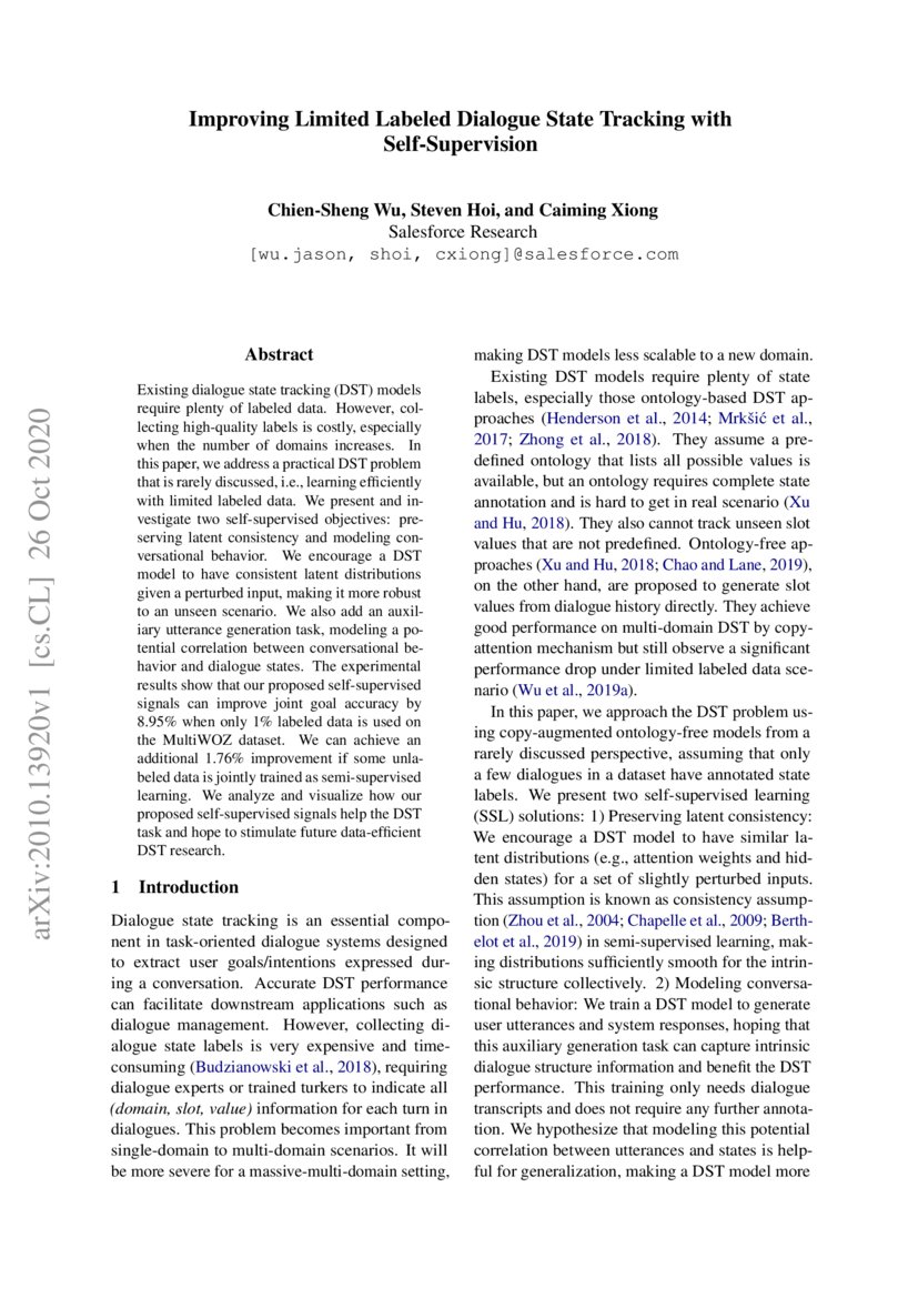 Improving Limited Labeled Dialogue State Tracking with Self-Supervision ...
