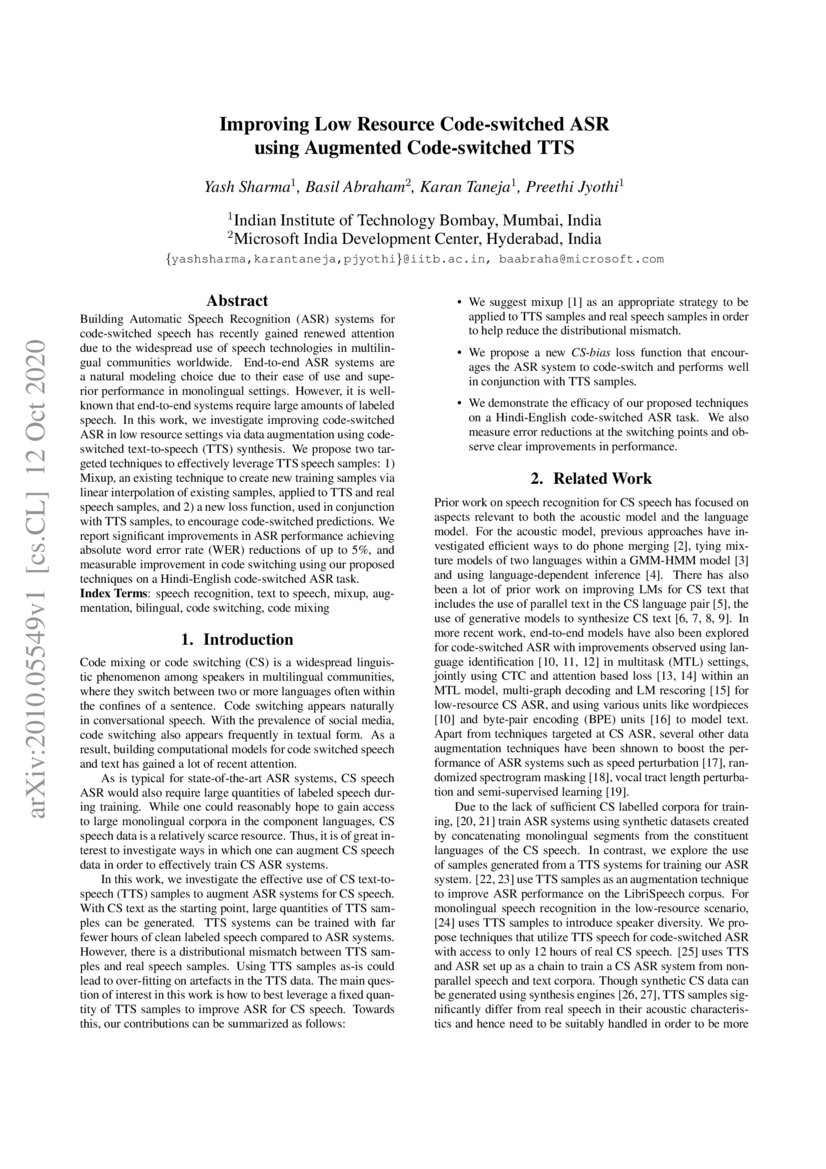Improving Low Resource Code-switched ASR using Augmented Code-switched TTS | DeepAI
