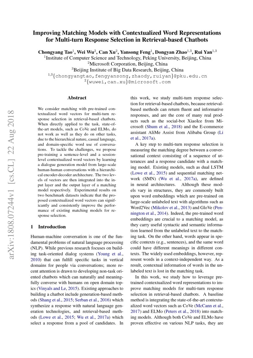 Improving Matching Models With Contextualized Word Representations For Multi Turn Response
