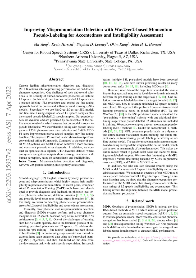 Improving Mispronunciation Detection with Wav2vec2-based Momentum Pseudo-Labeling for ...