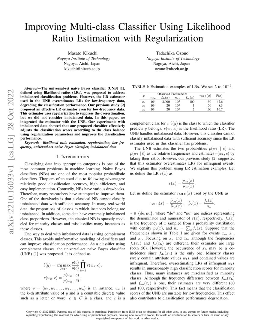 Improving Multi Class Classifier Using Likelihood Ratio Estimation With Regularization Deepai