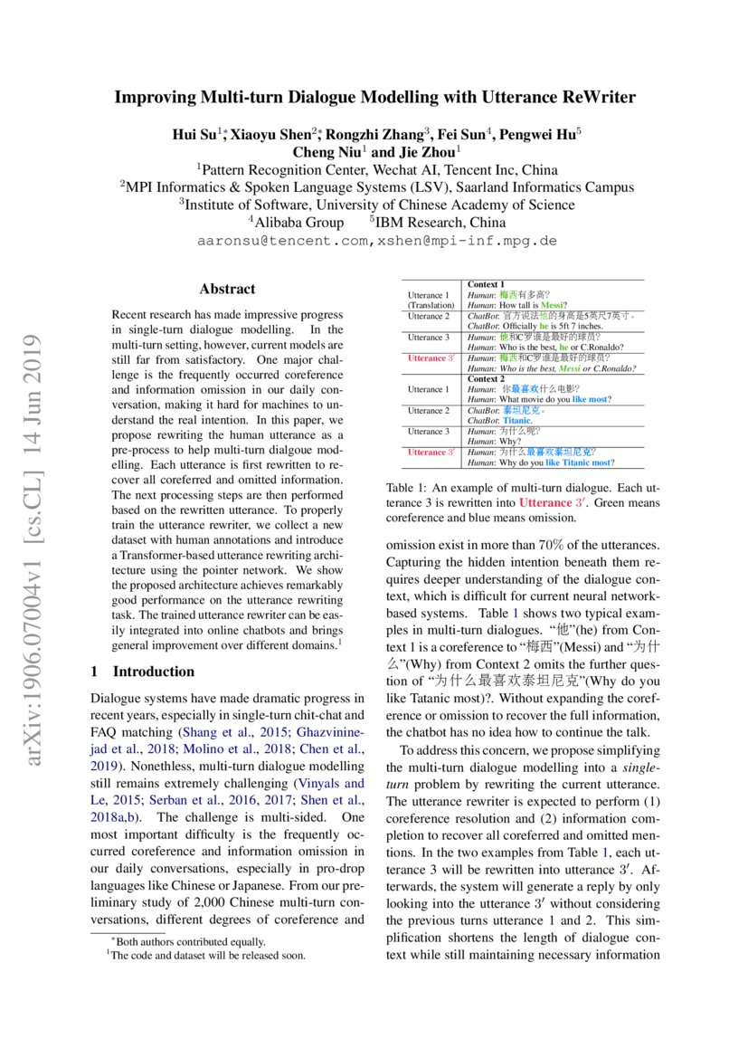 Improving Multi-turn Dialogue Modelling with Utterance ReWriter | DeepAI