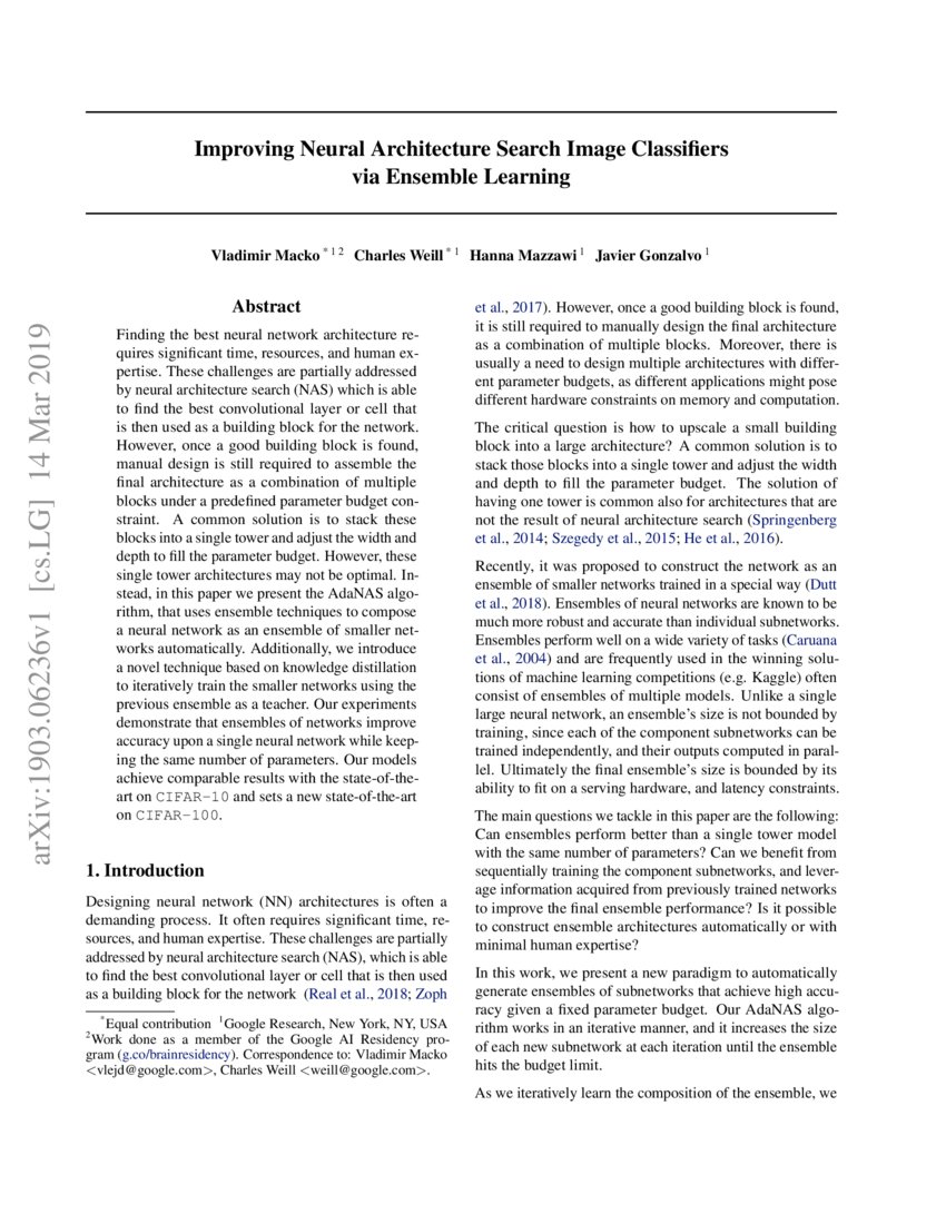 Improving Neural Architecture Search Image Classifiers via Ensemble Learning | DeepAI