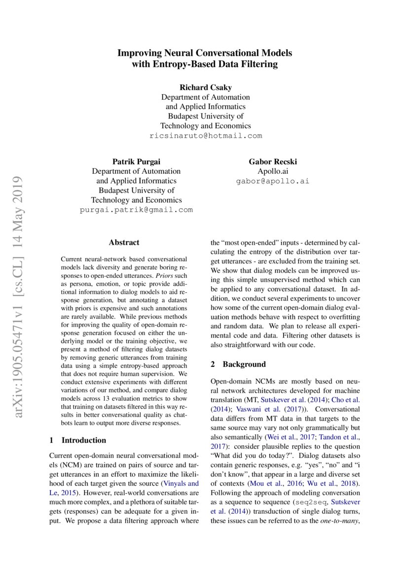 Improving Neural Conversational Models With Entropy Based Data Filtering Deepai 9358