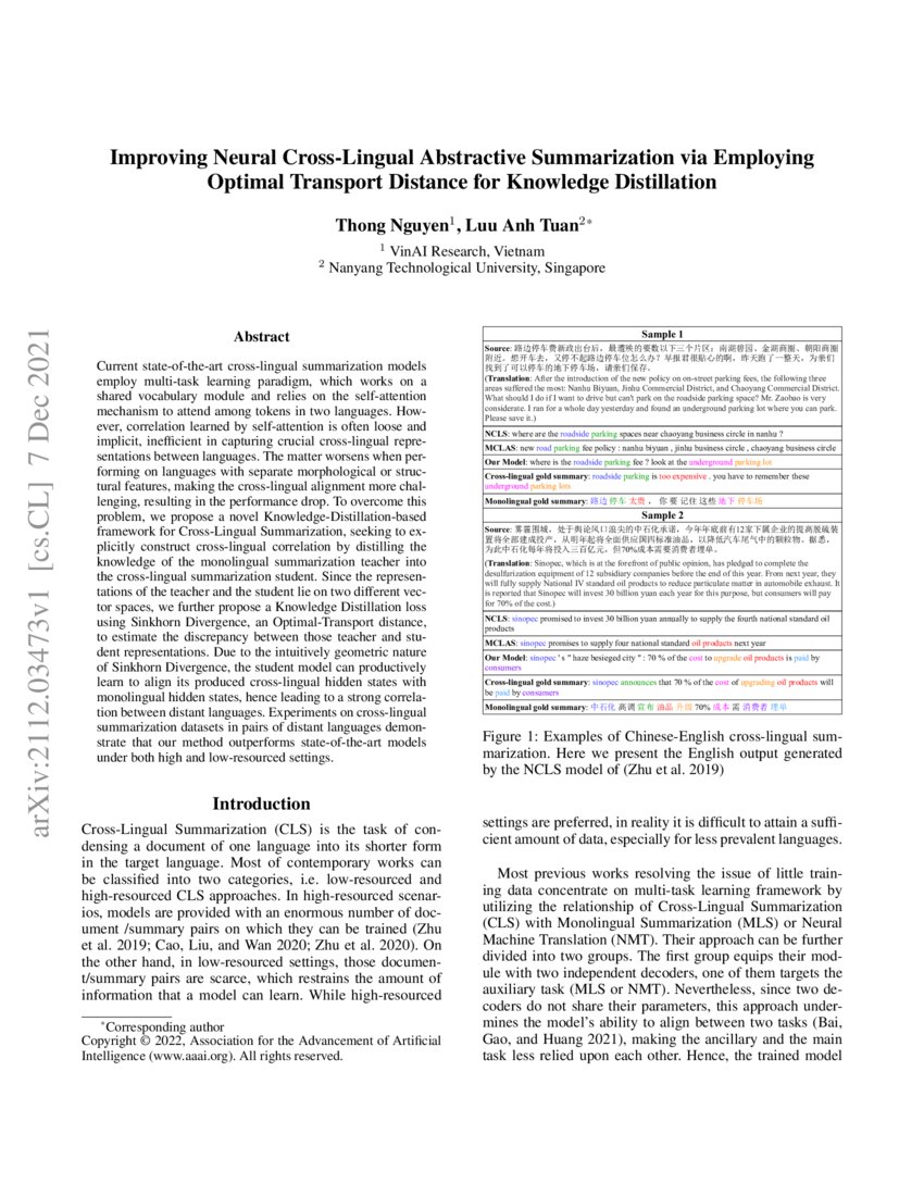 Improving Neural Cross-Lingual Summarization via Employing Optimal Transport Distance for ...