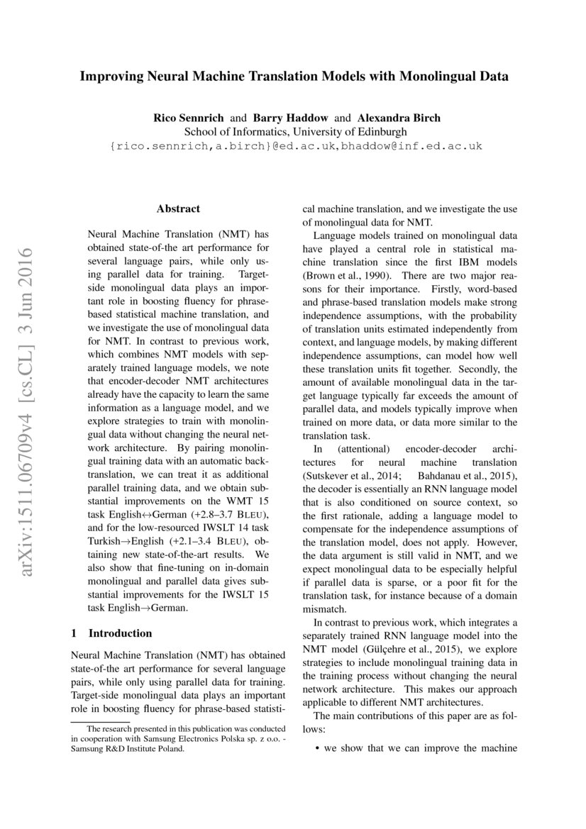 Improving Neural Machine Translation Models with Monolingual Data | DeepAI