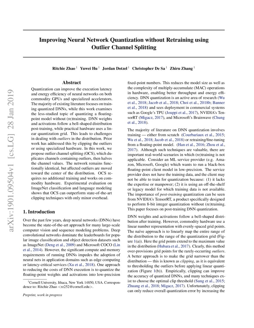 Improving Neural Network Quantization using Outlier Channel Splitting | DeepAI