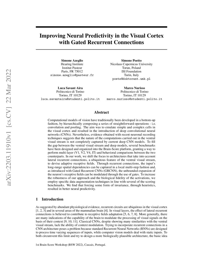 Improving Neural Predictivity in the Visual Cortex with Gated Recurrent Connections | DeepAI