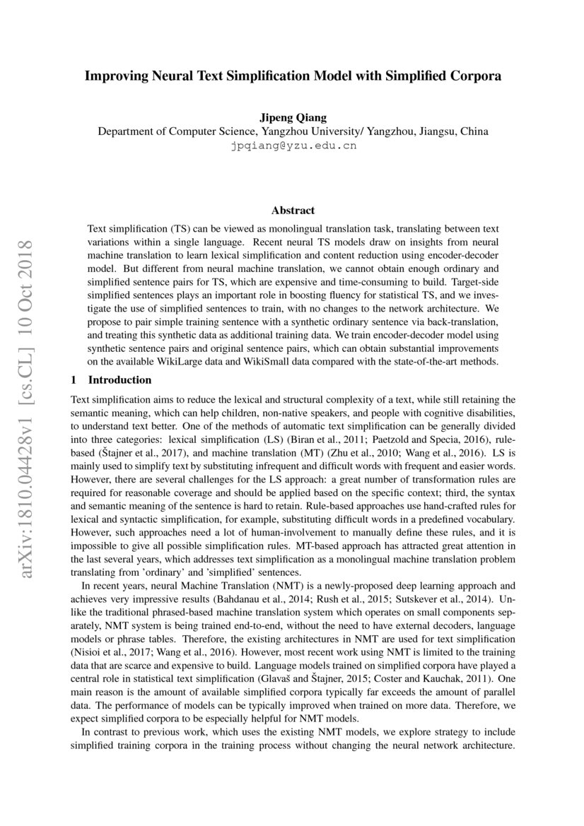 Improving Neural Text Simplification Model with Simplified Corpora | DeepAI