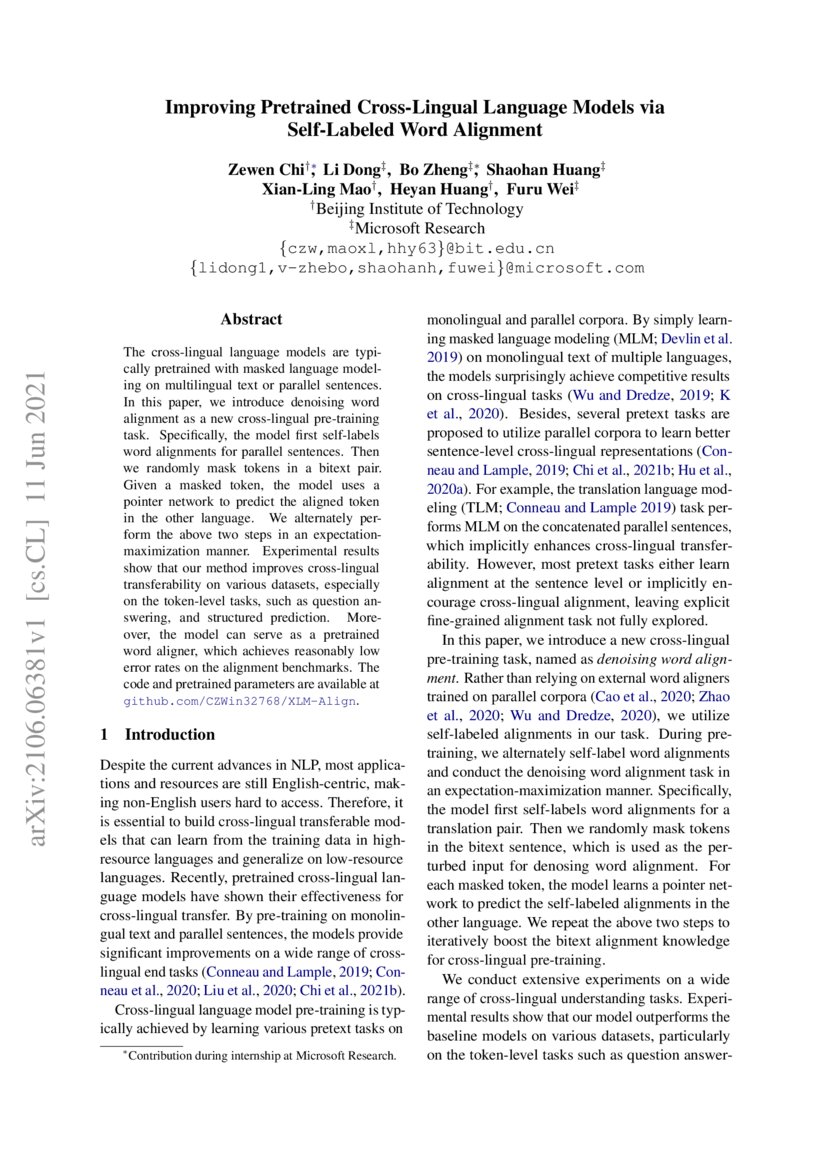Improving Pretrained Cross-Lingual Language Models via Self-Labeled Word Alignment | DeepAI