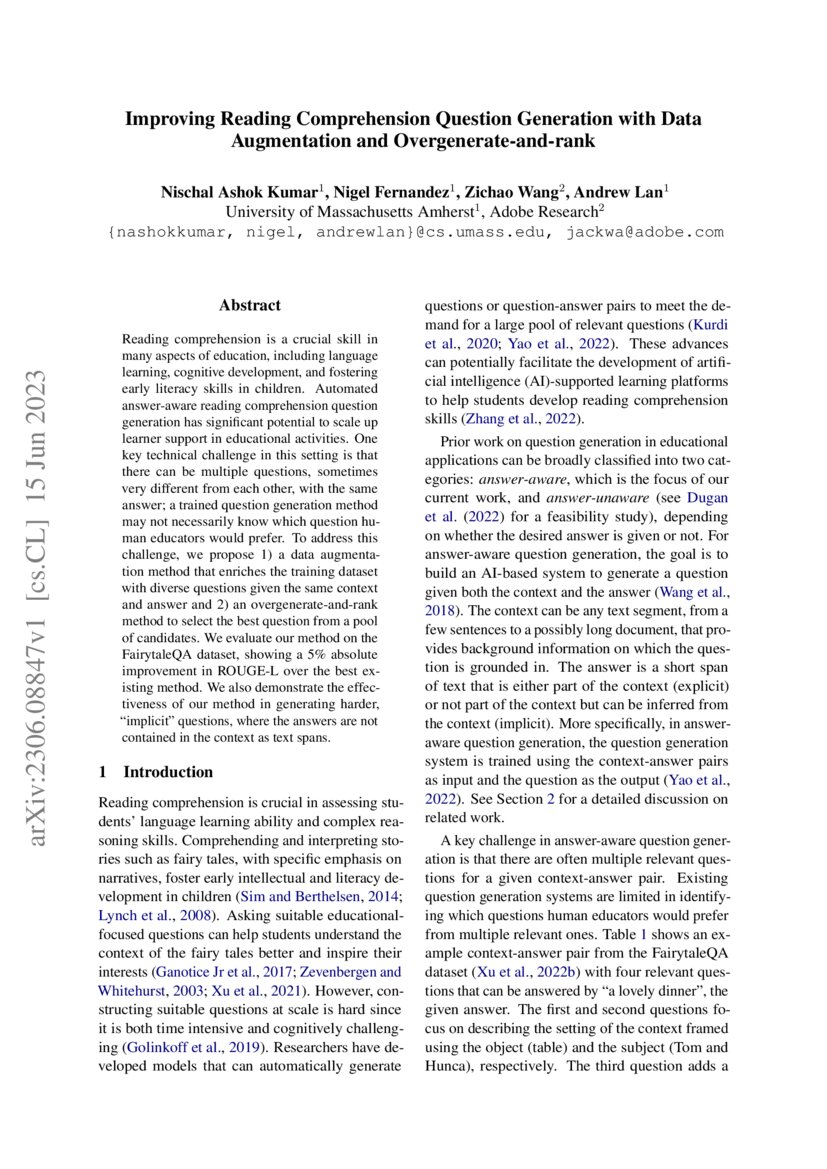 Improving Reading Comprehension Question Generation With Data Augmentation And Overgenerate And 