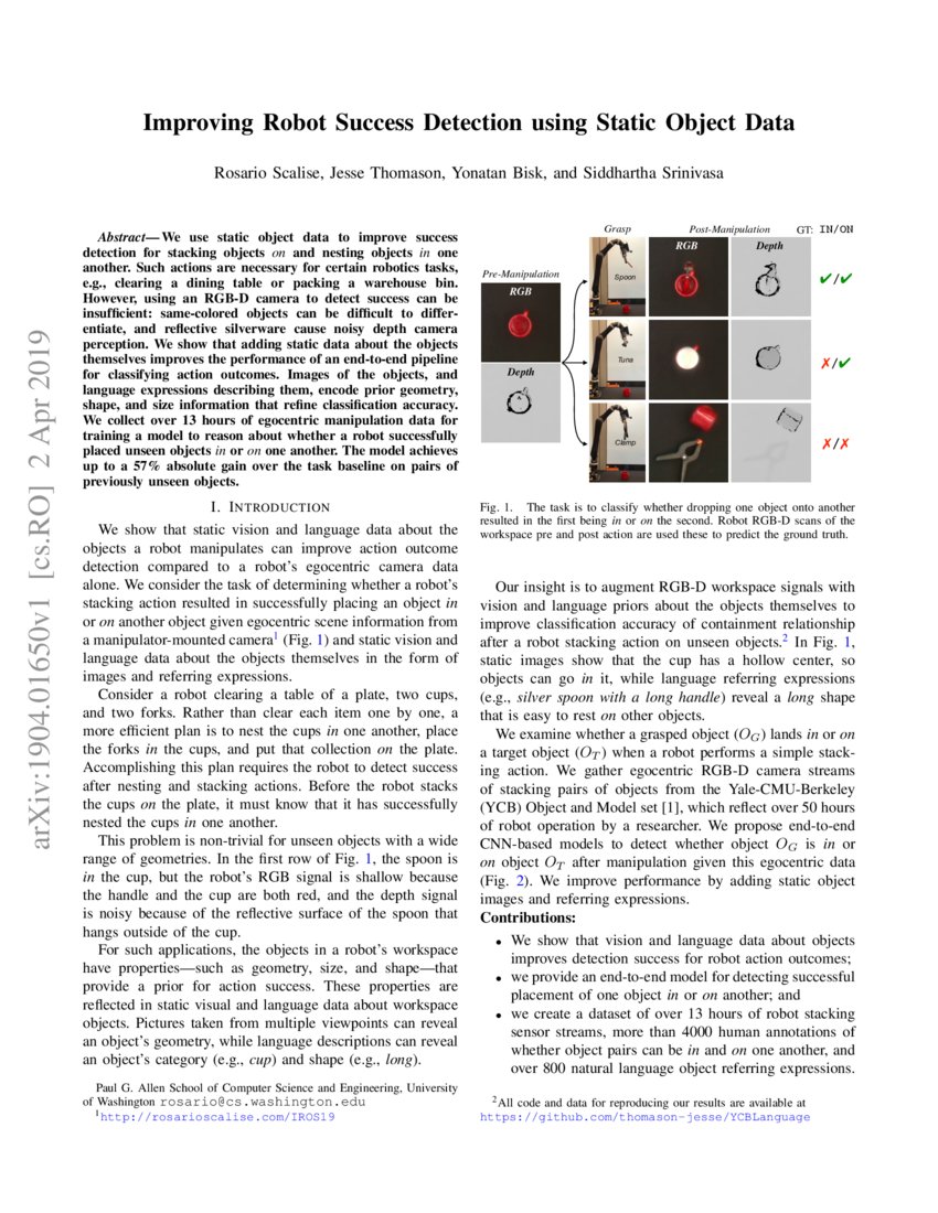 Improving Robot Success Detection Using Static Object Data Deepai