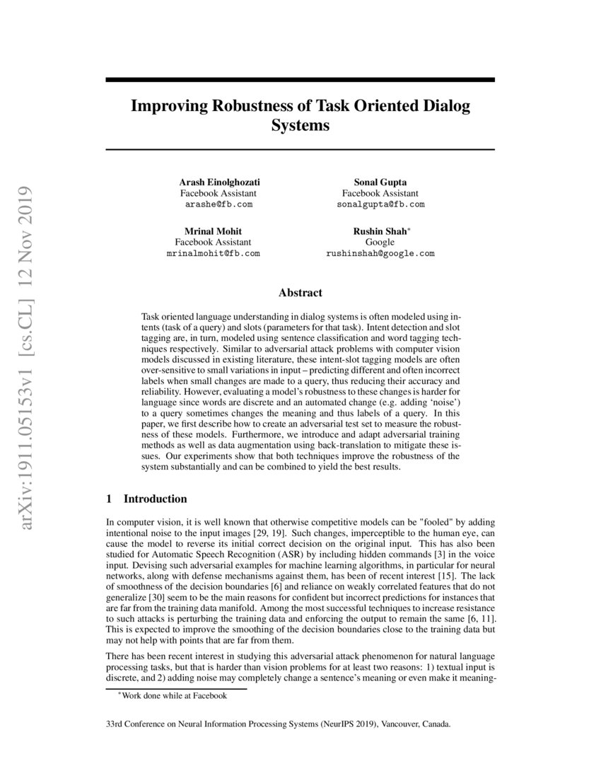 Improving Robustness of Task Oriented Dialog Systems | DeepAI