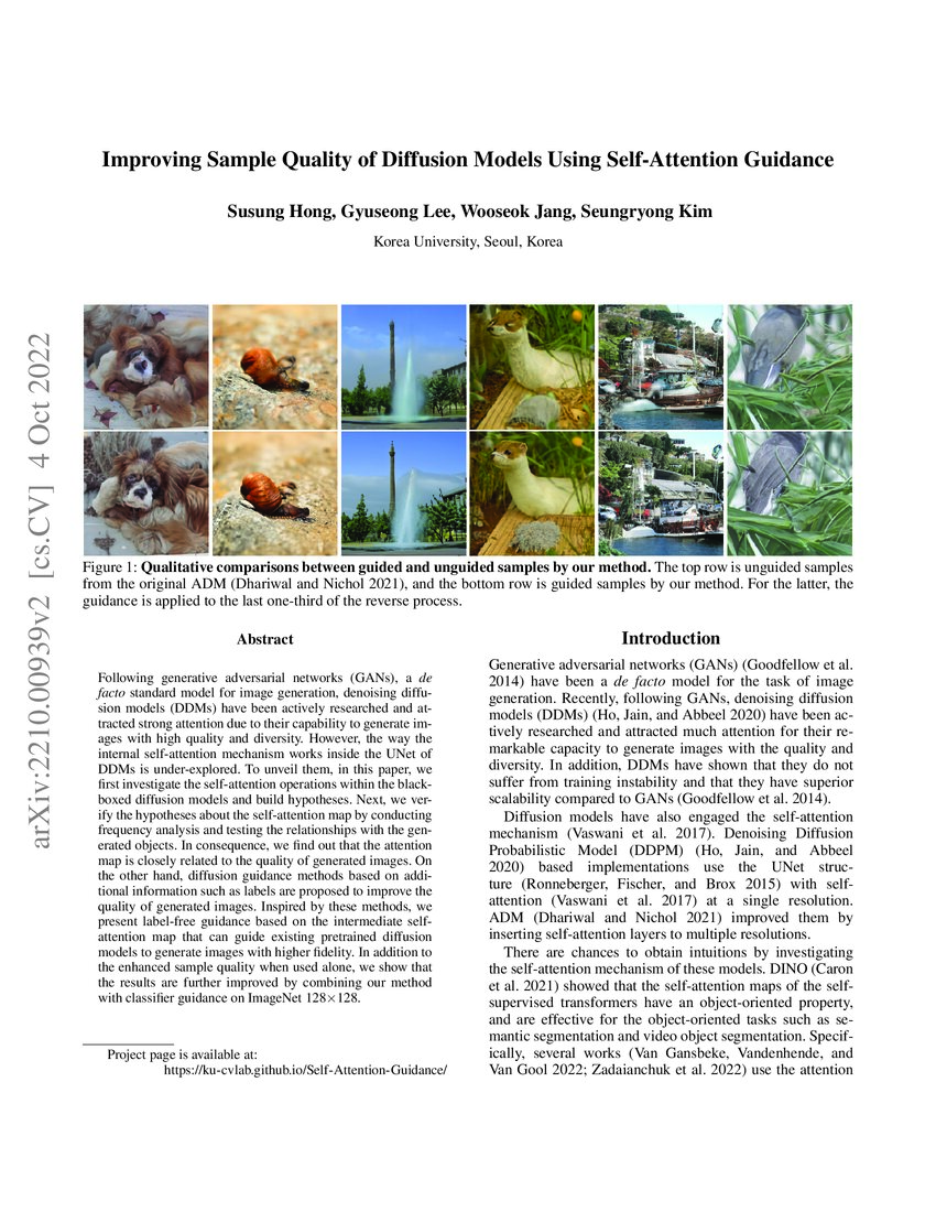 Improving Sample Quality of Diffusion Models Using Self-Attention Guidance | DeepAI