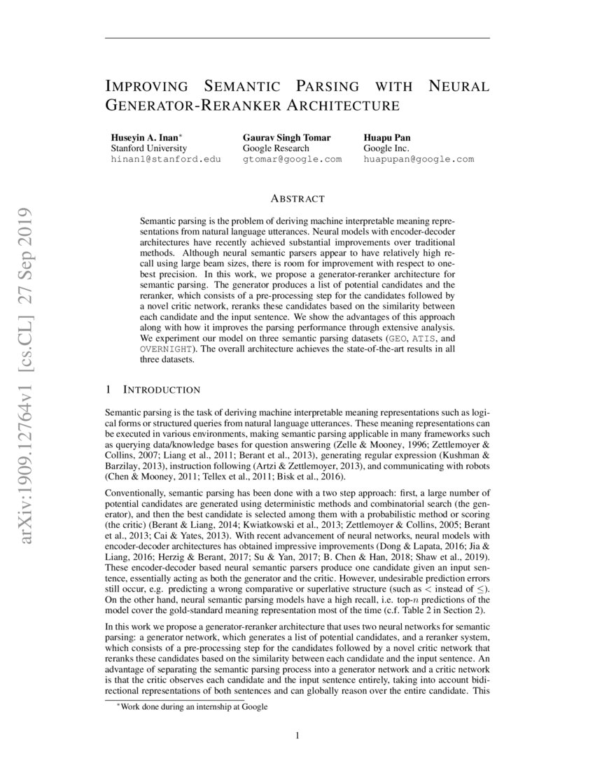 Improving Semantic Parsing with Neural Generator-Reranker Architecture ...