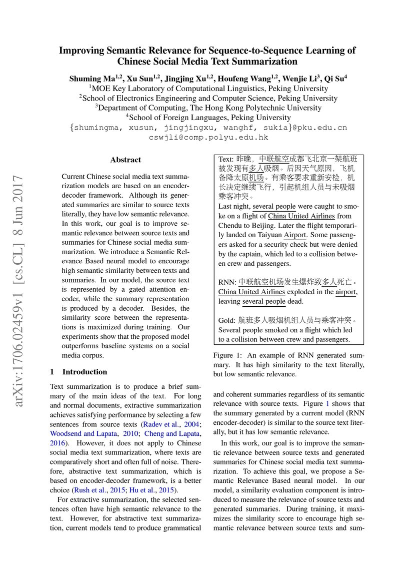 Improving Semantic Relevance For Sequence To Sequence Learning Of Chinese Social Media Text