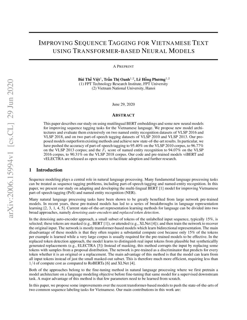 Improving Sequence Tagging For Vietnamese Text Using Transformer Based Neural Models Deepai