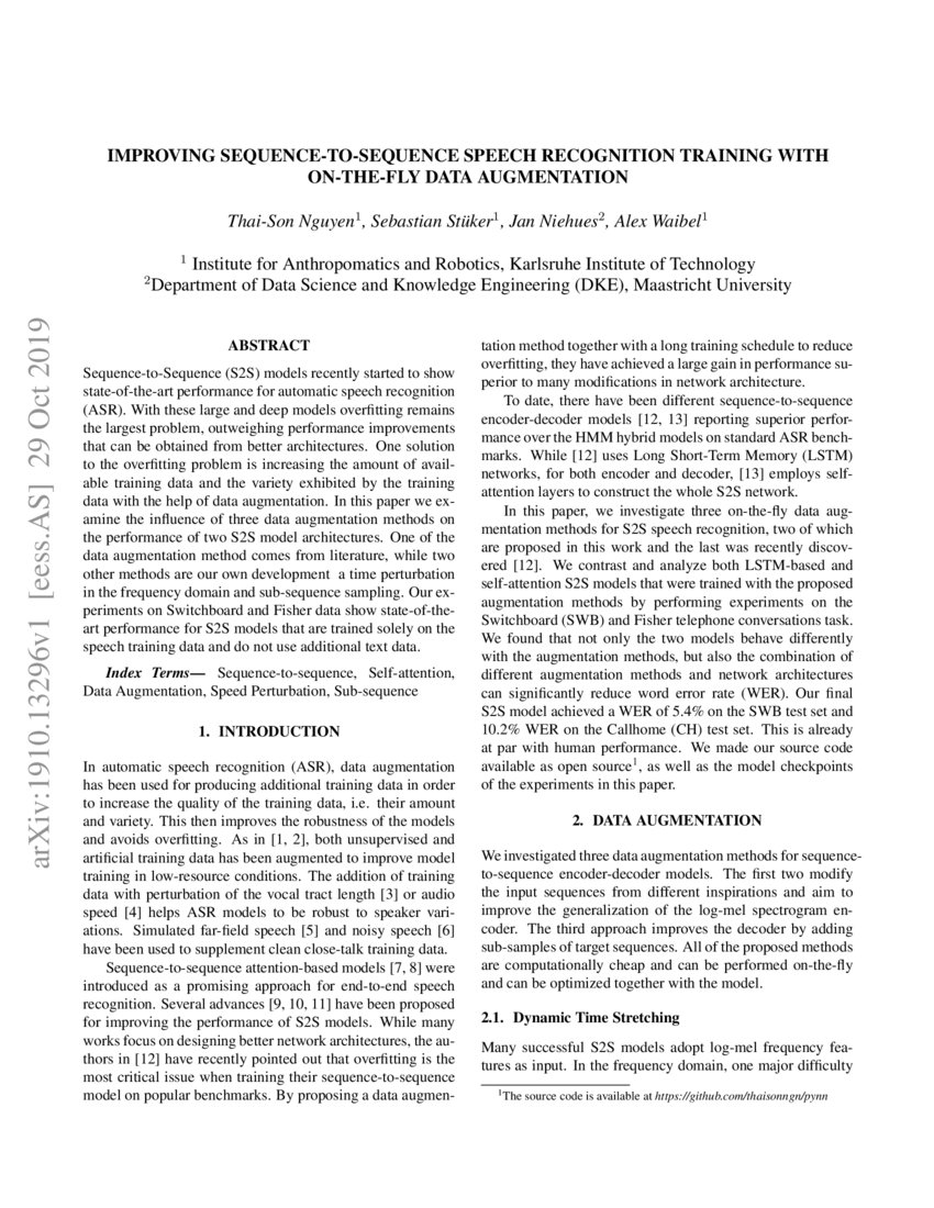 Improving Sequence To Sequence Speech Recognition Training With On The Fly Data Augmentation