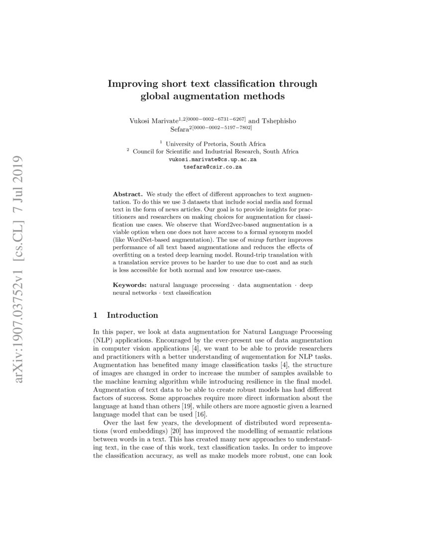 Improving short text classification through global augmentation methods | DeepAI