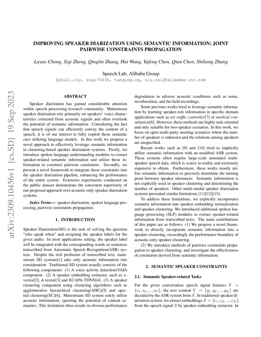 Improving Speaker Diarization Using Semantic Information Joint Pairwise Constraints Propagation 6607