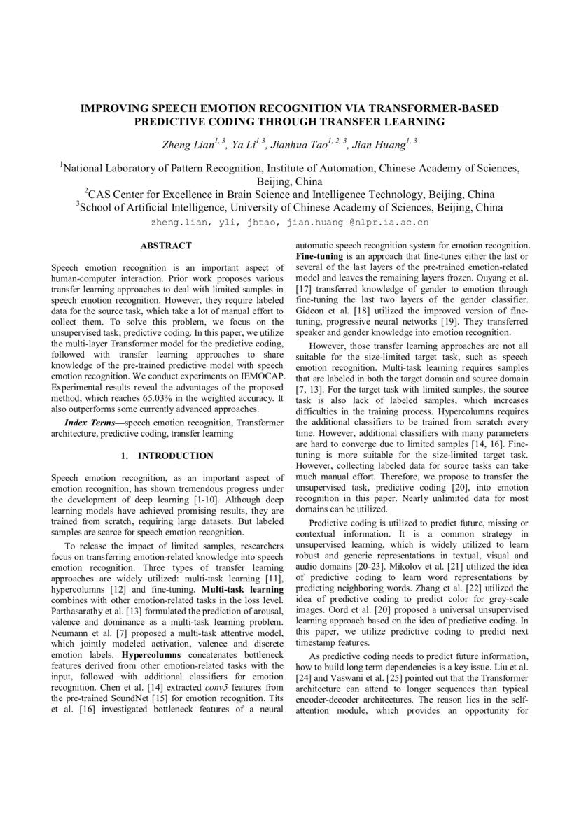 Improving speech emotion recognition via Transformer-based Predictive Coding through transfer ...