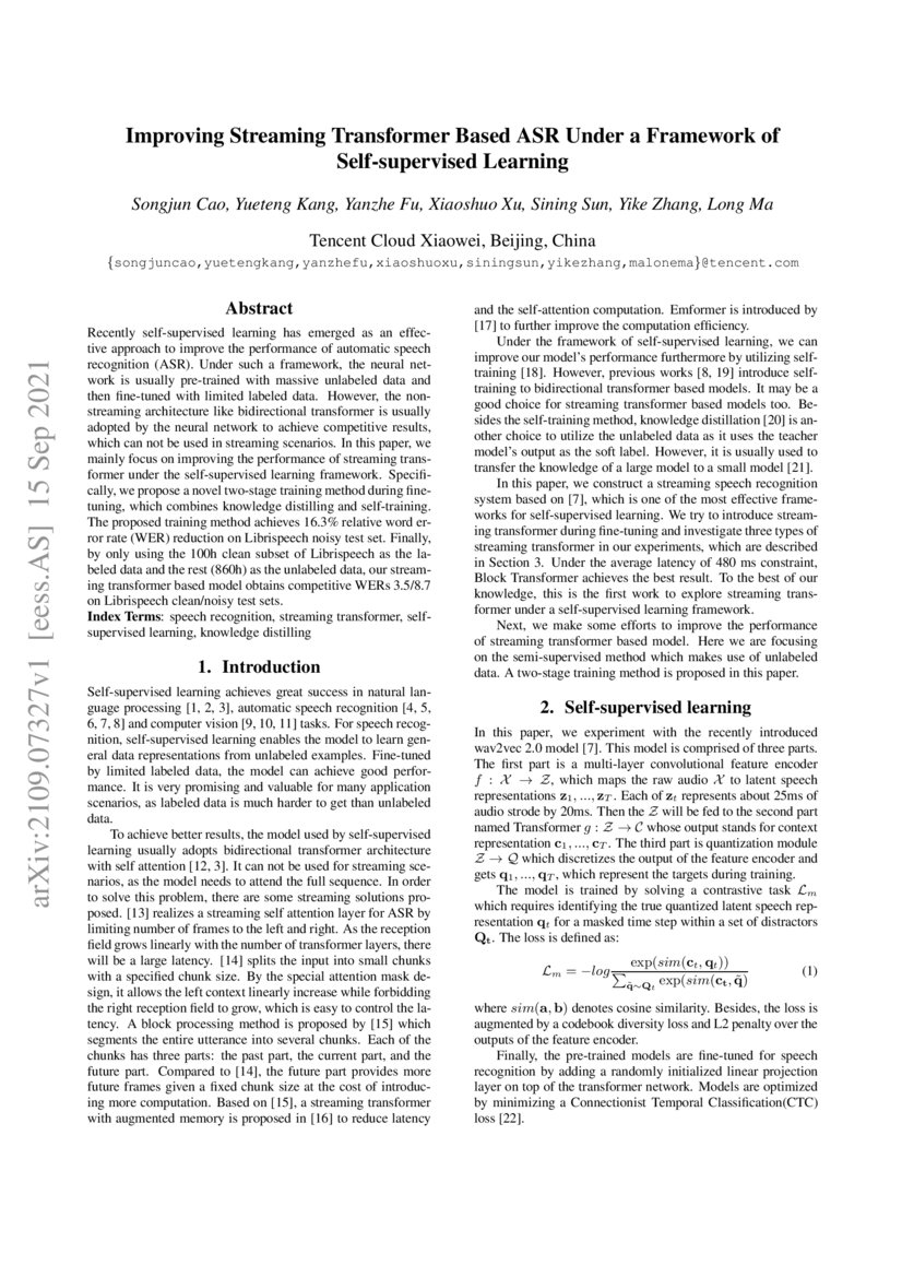 Improving Streaming Transformer Based Asr Under A Framework Of Self Supervised Learning Deepai