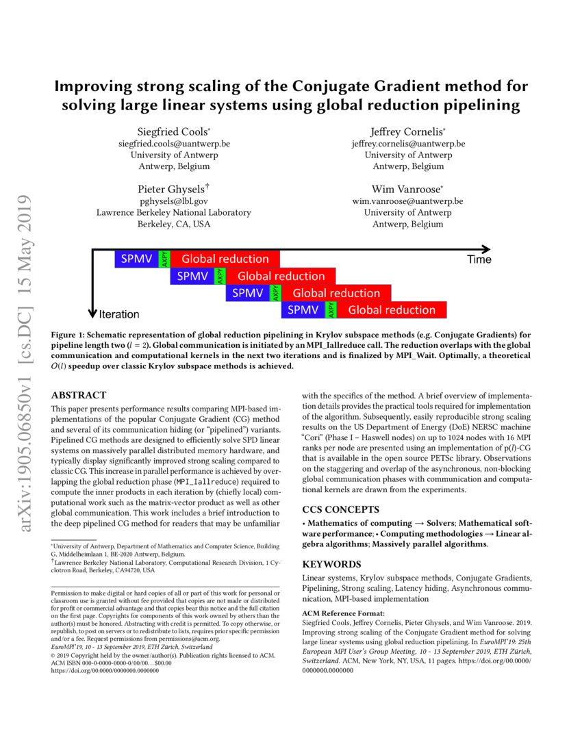 Improving Strong Scaling Of The Conjugate Gradient Method For Solving Large Linear Systems Using