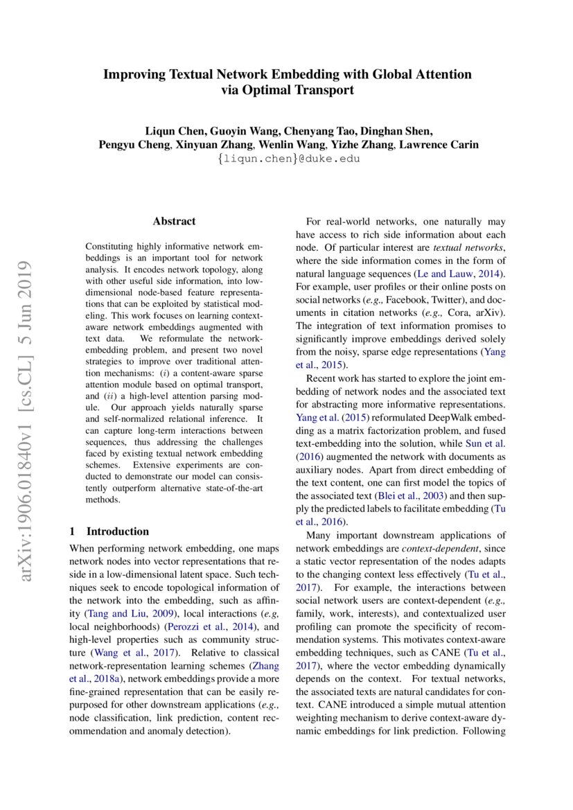 Improving Textual Network Embedding with Global Attention via Optimal ...