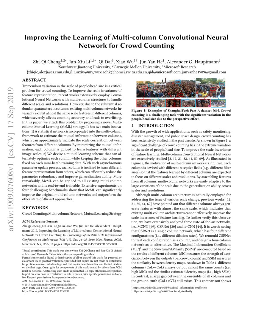 Improving The Learning Of Multi Column Convolutional Neural Network For