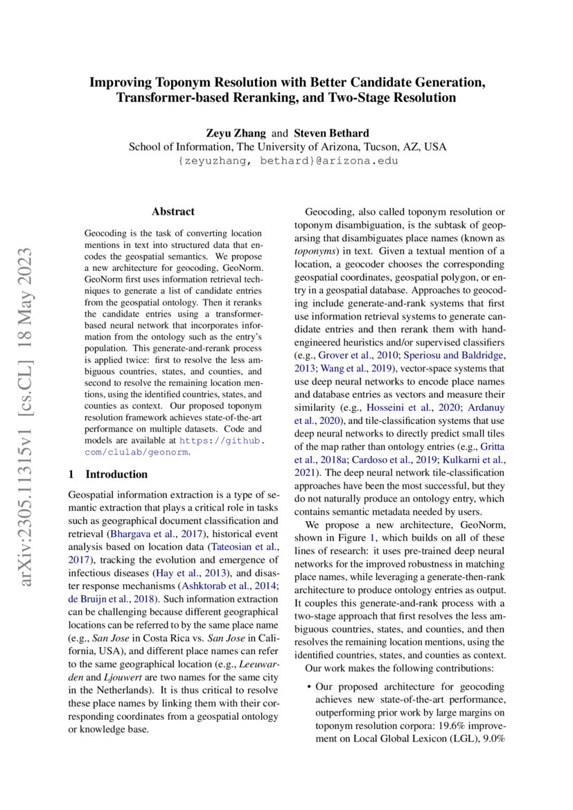 Improving Toponym Resolution with Better Candidate Generation, Transformer-based Reranking, and ...