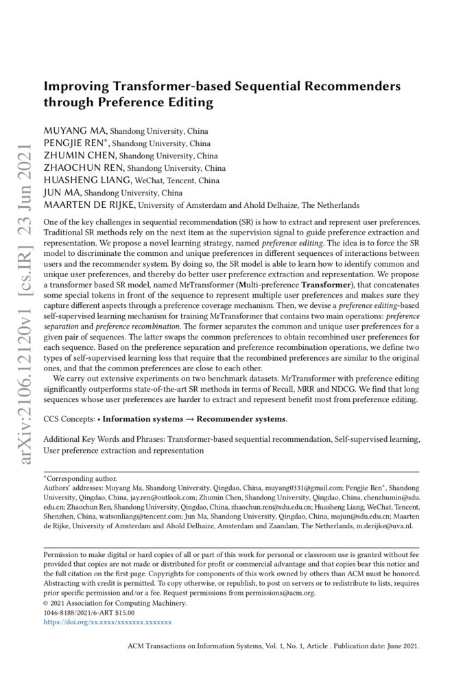 Improving Transformer-based Sequential Recommenders through Preference Editing | DeepAI