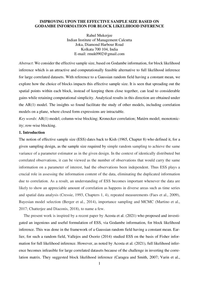 Improving upon the effective sample size based on Godambe information for block likelihood ...
