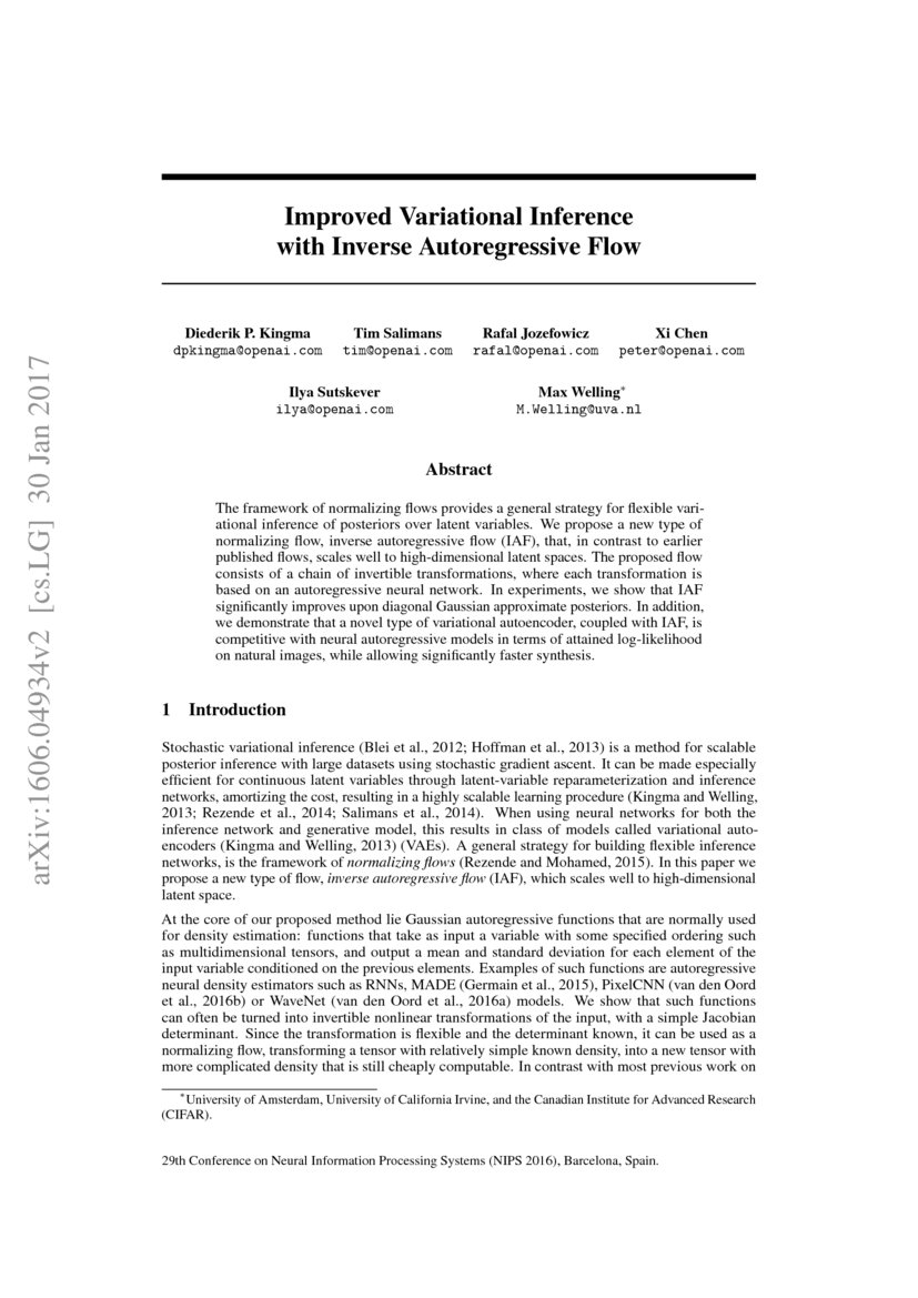 Improving Variational Inference with Inverse Autoregressive Flow | DeepAI