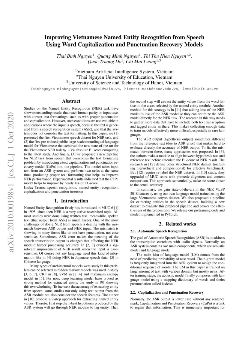Improving Vietnamese Named Entity Recognition from Speech Using Word Capitalization and ...