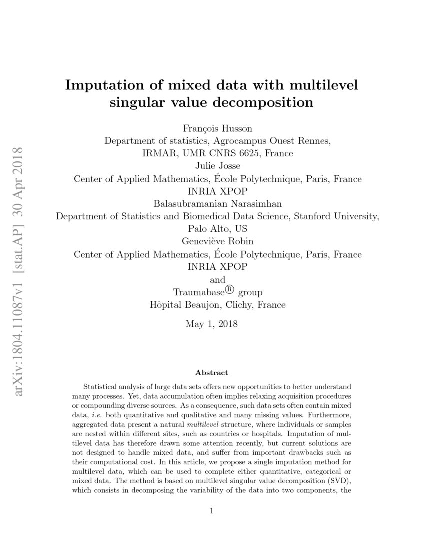 Imputation Of Mixed Data With Multilevel Singular Value Decomposition Deepai